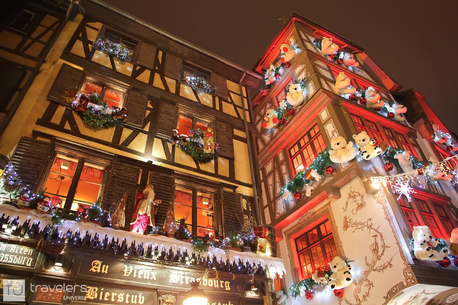 Festive building decorated with teddy bears for Christmas in Strasbourg