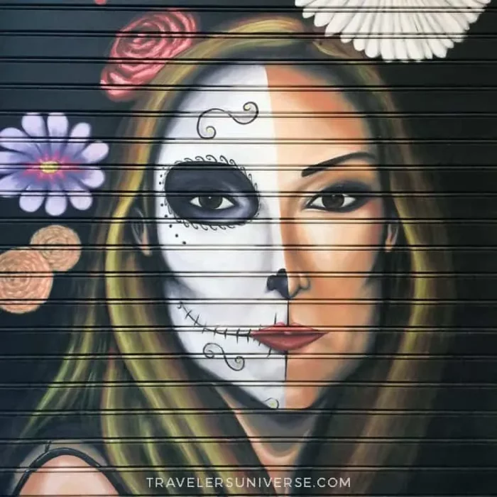 A woman's face painted on the door of one of the shops in Valencia