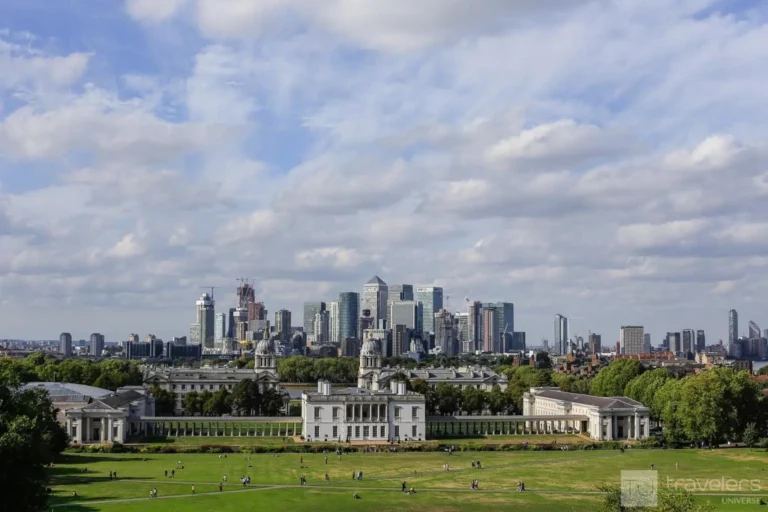 Canary Wharf's tall buildings seen from Greenwich Park Hill