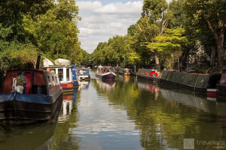 Cute boats lining one of the canals of Little Venice in London