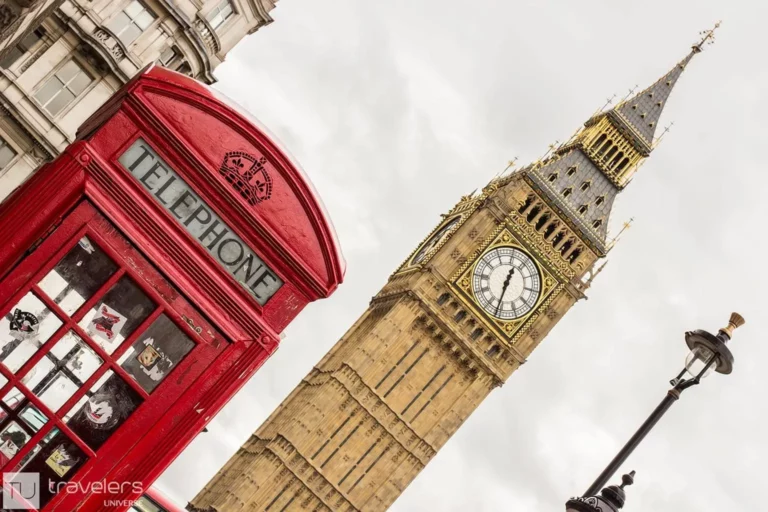 Iconic London red phone booth next to Big Ben