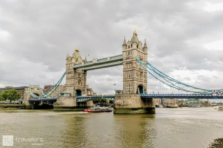 Tower Bridge, one of London's most recognizable landmarks, seen from the bank of the Thames