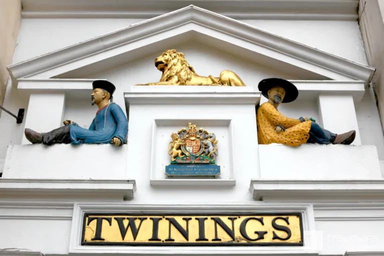 A golden lion and two Chinese figures above the entrance of the Twinings store in London
