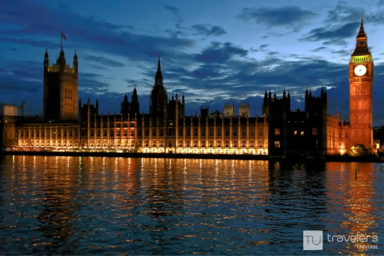 Palace of Westminster and Big Ben seen from across the Thames at night