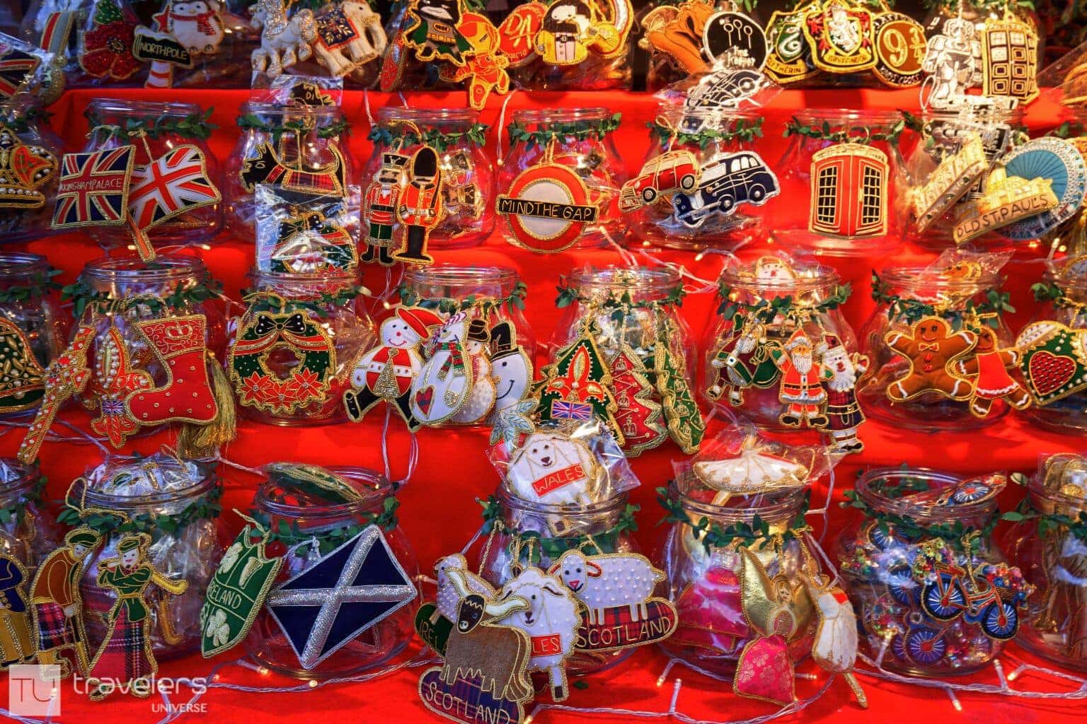 Handmade embroidered Christmas ornaments at a Christmas market in London