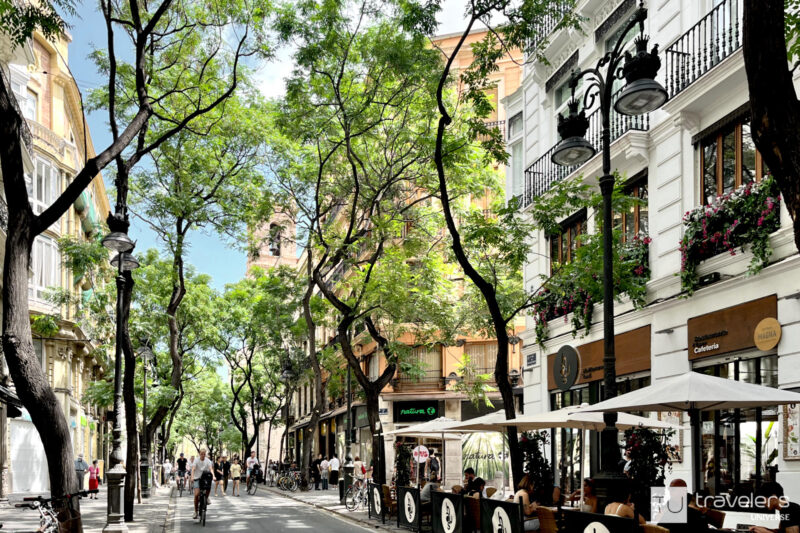 Beautifully restored buildings on a tree-lined street in the center of Valencia