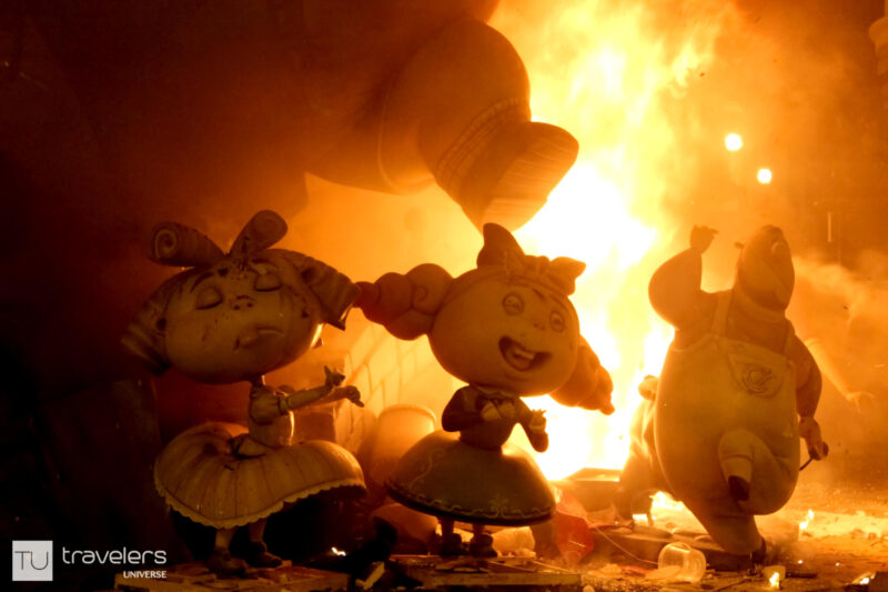 Three figures going down in flames on the last night of Las Fallas festival