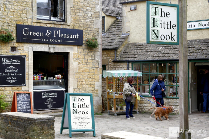 The entrance to the Green & Pleasant tearooms and The Little Nook shop in Bourton on the Water