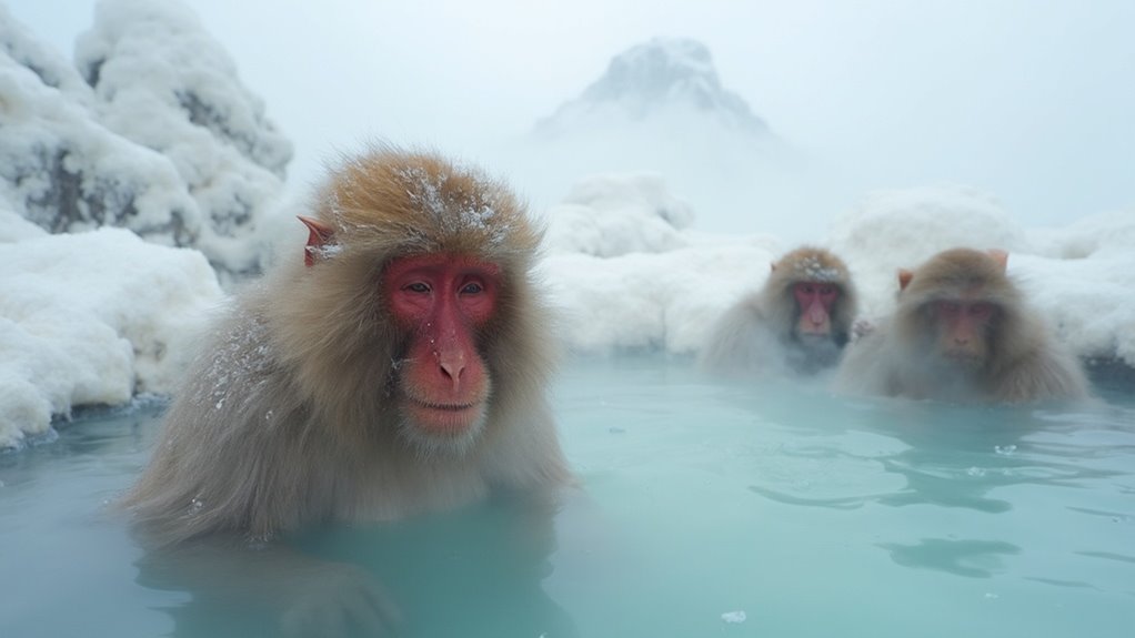 snow monkeys enjoying hot springs