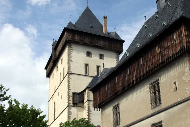 Karlstejn Castle in Vintage Convertible Car - Castle Architecture and Grounds