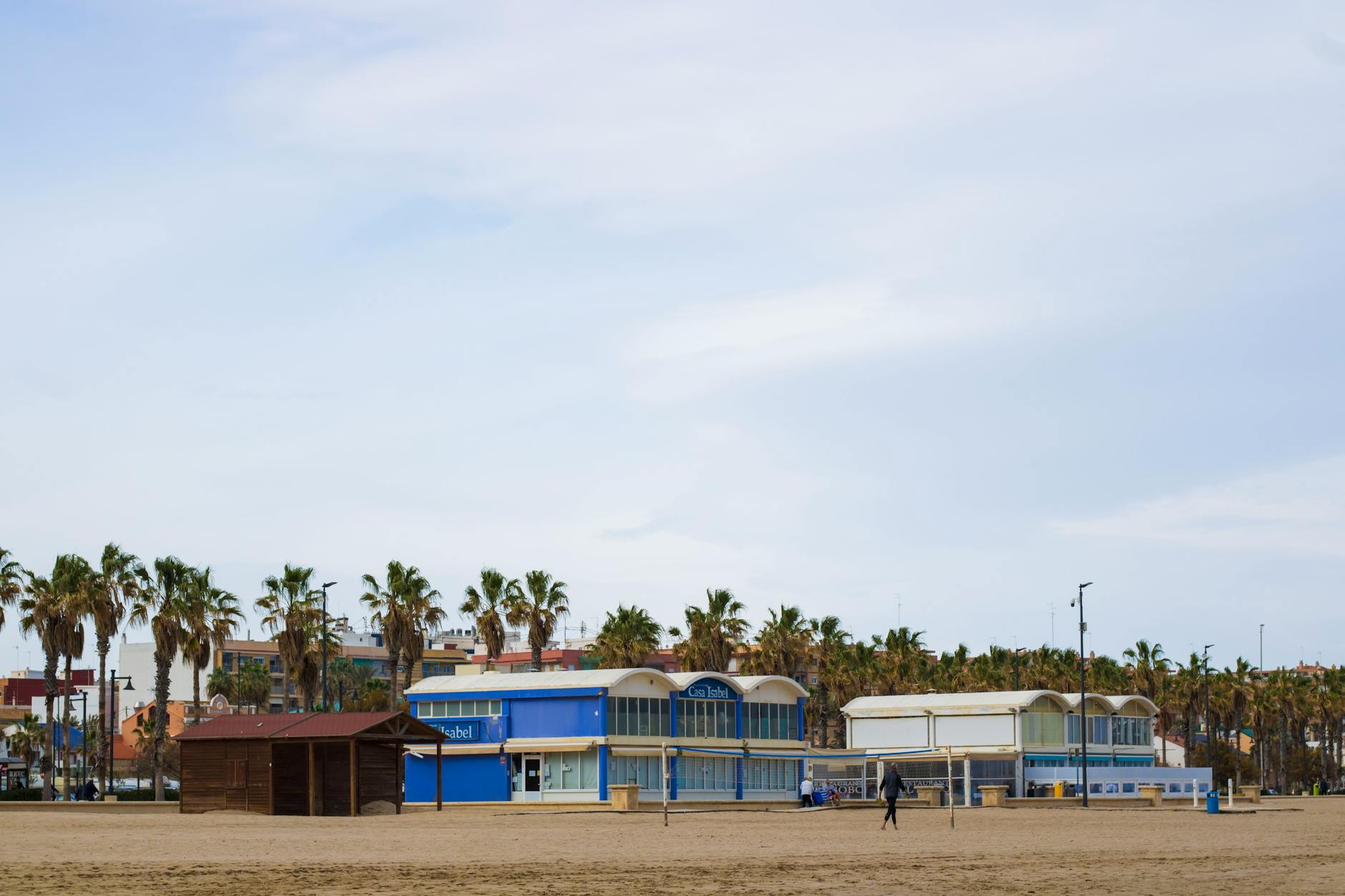 Palm trees and beachfront restaurants along Valencia waterfront promenade