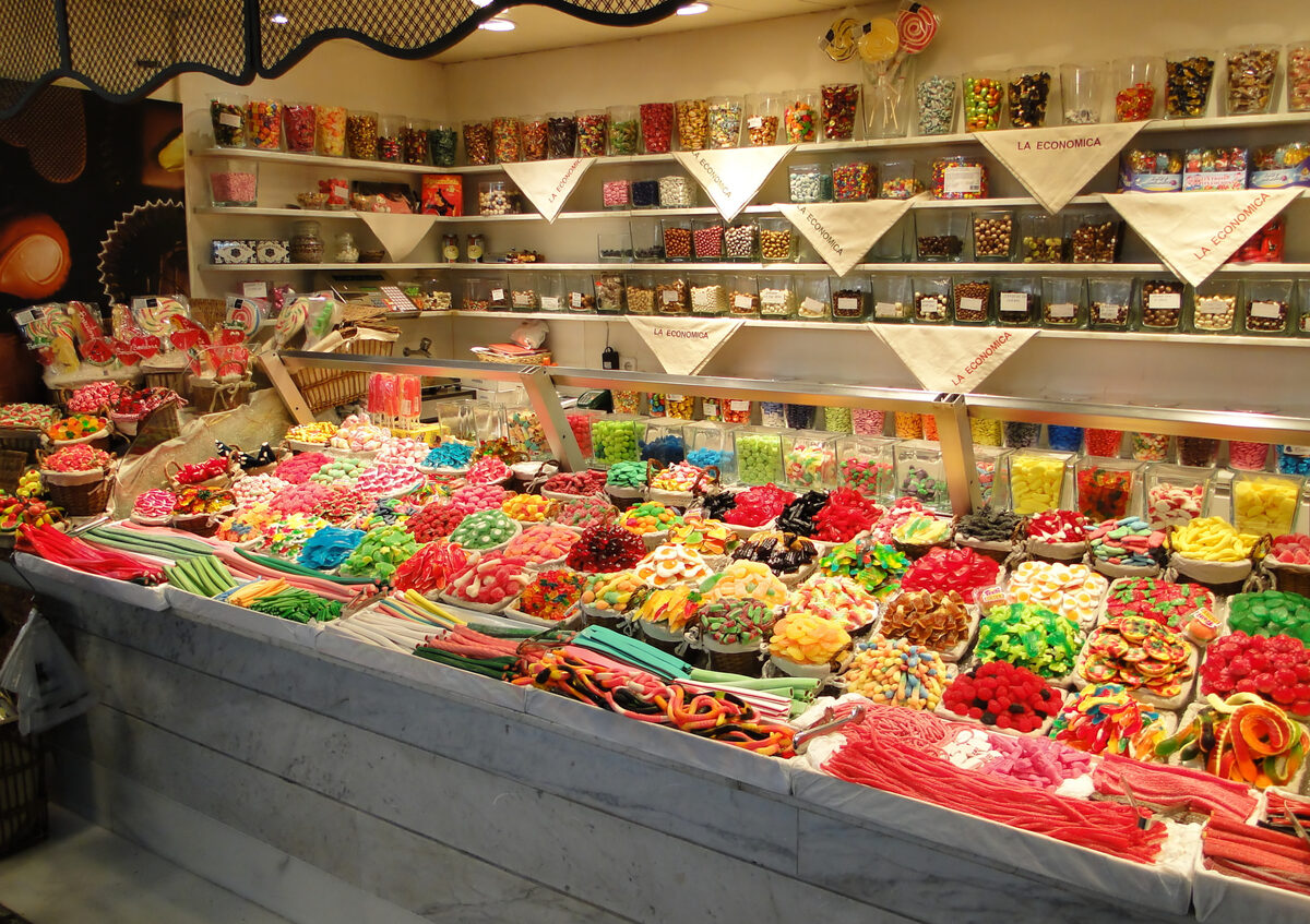 Fresh produce stalls at La Boqueria market in Barcelona