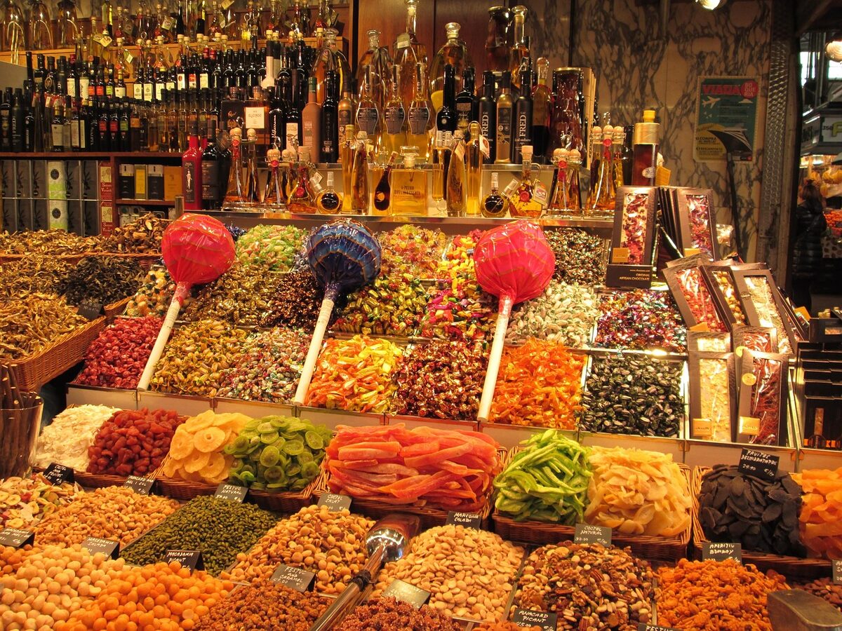 Colorful candy and sweets display at La Boqueria market