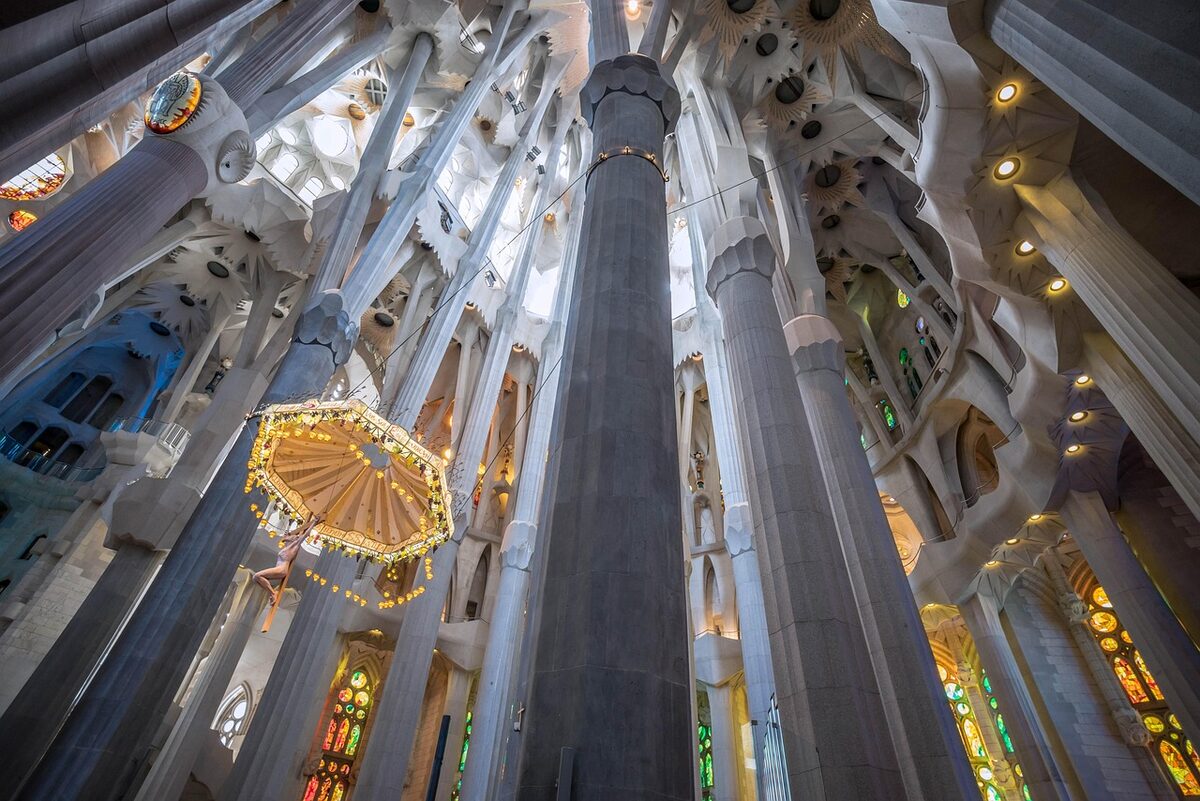 Interior columns and ceiling of La Sagrada Familia basilica in Barcelona
