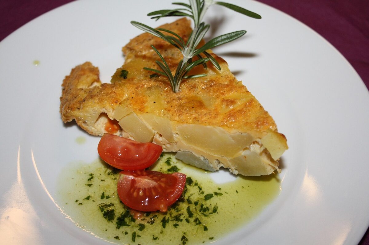 Traditional Spanish tapas spread with tortilla and small dishes