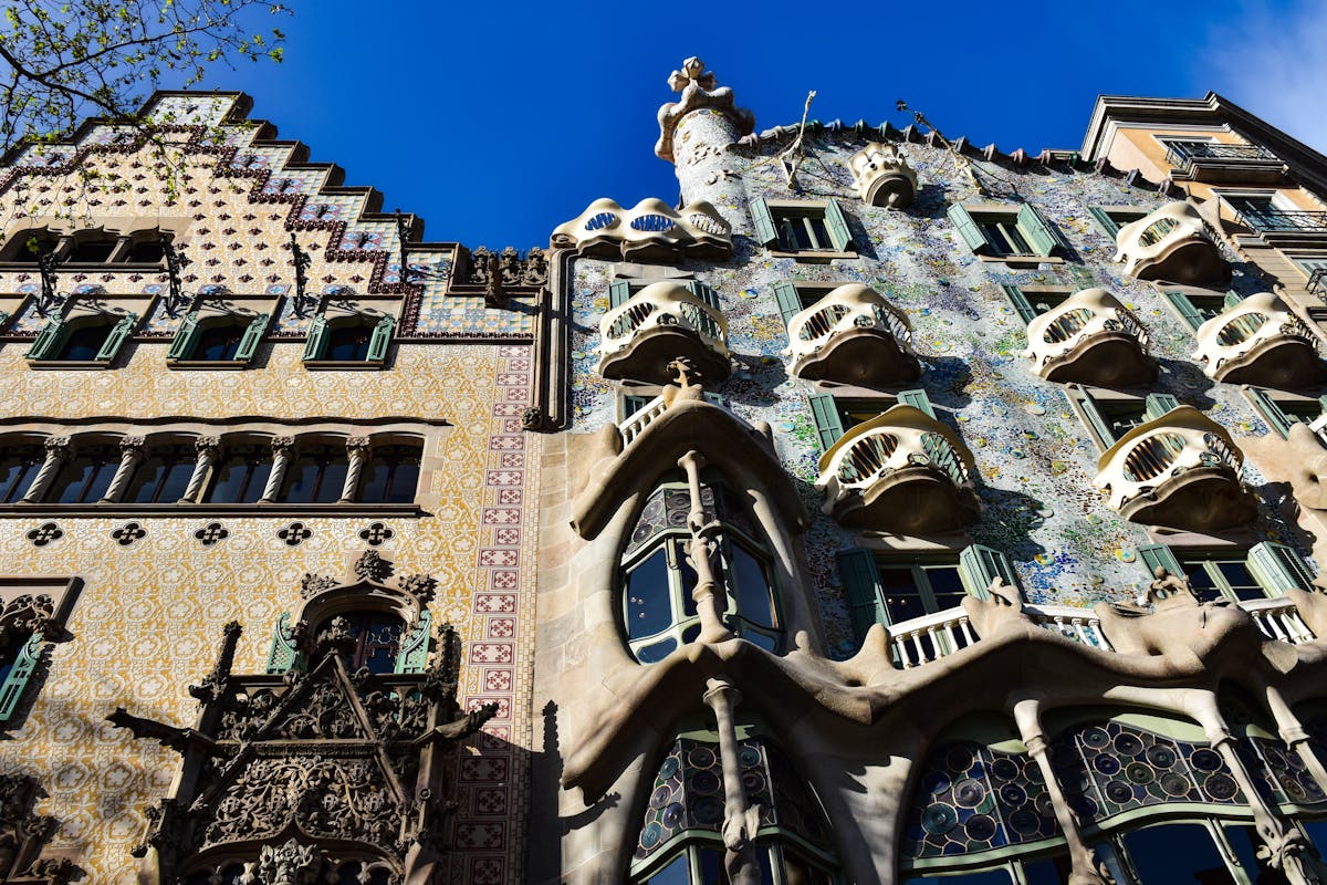 The colorful tiled facade of Casa Batllo on Passeig de Gracia in Barcelona