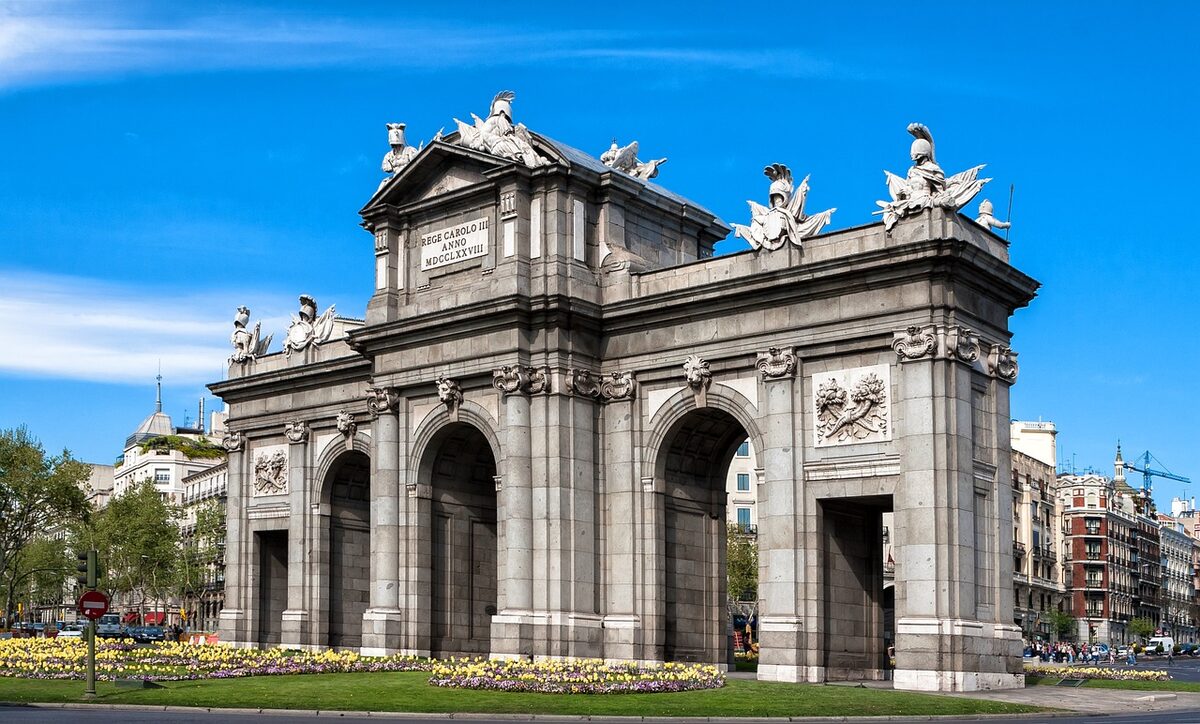 Puerta de Alcala monument in Madrid at night