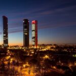 Madrid skyline at dusk with skyscrapers and city lights