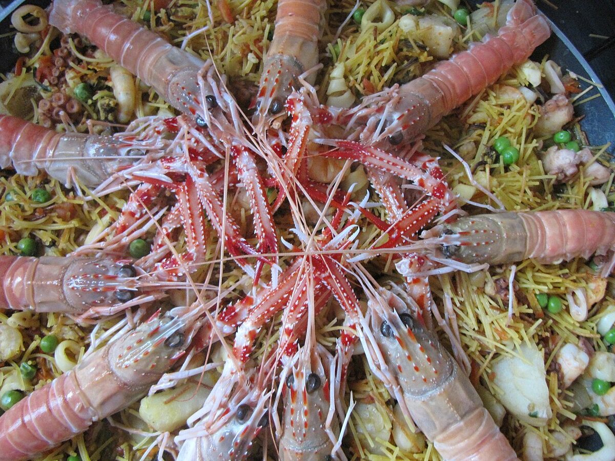 Fideua with langoustines, a traditional Valencian noodle dish similar to paella