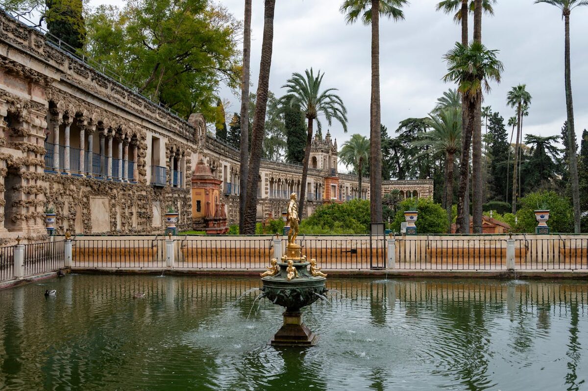 Gardens and architecture of the Real Alcazar palace in Seville