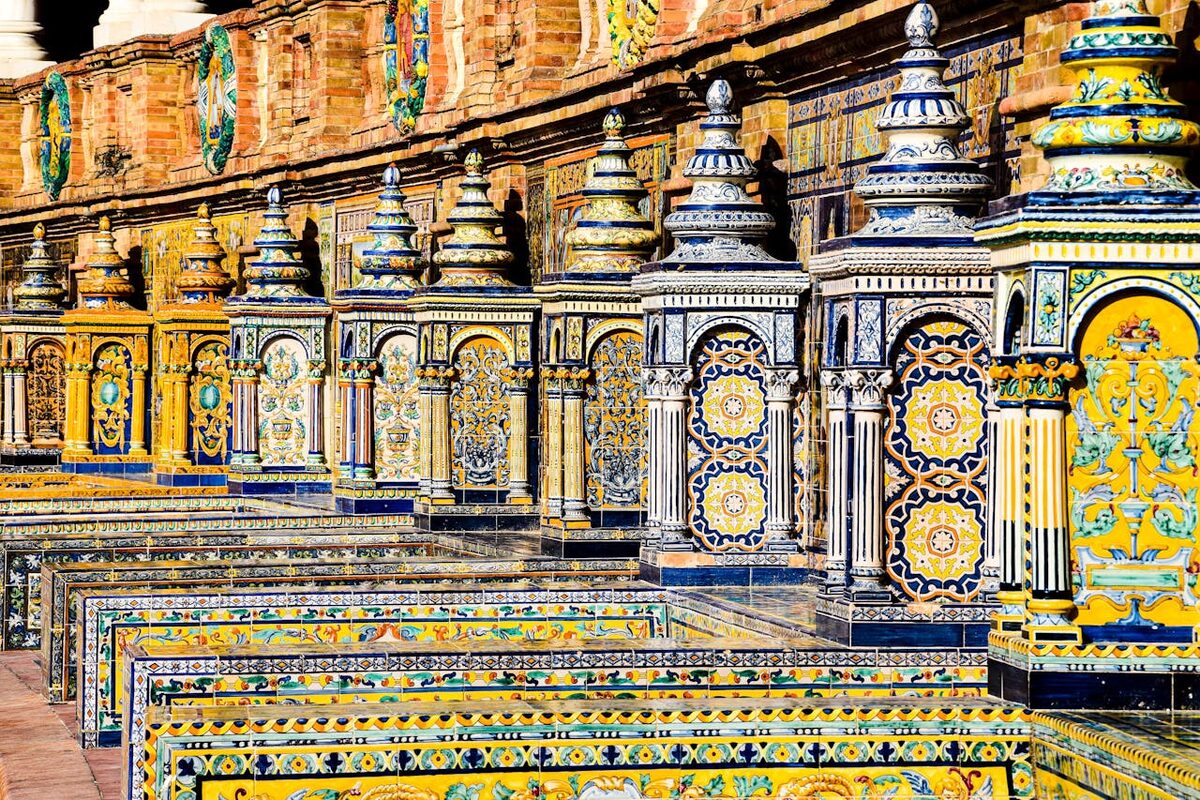 Ornate hand-painted ceramic tiles at Plaza de Espana depicting Spanish provinces
