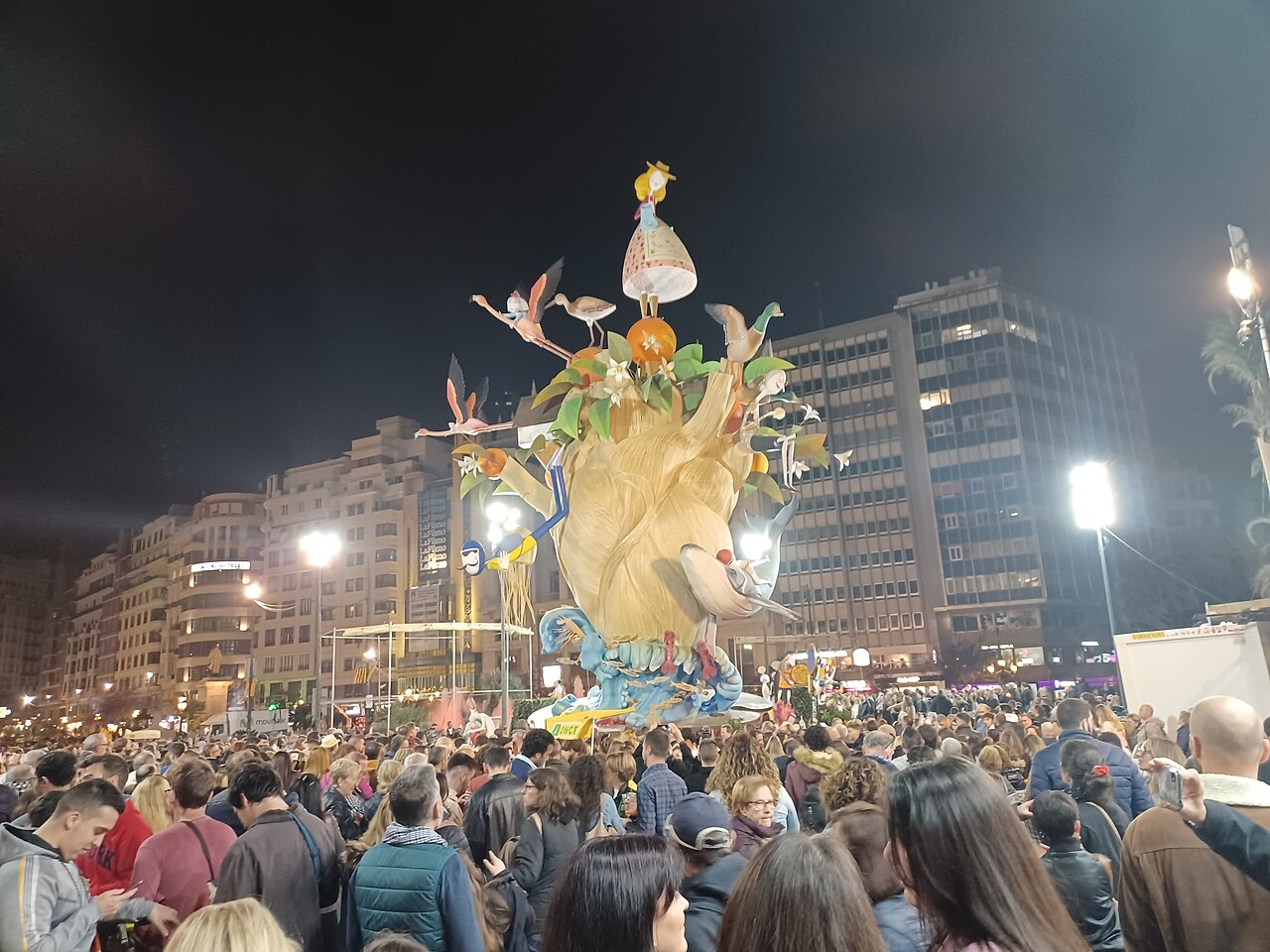 Towering falla sculpture in Valencia city center during Las Fallas festival