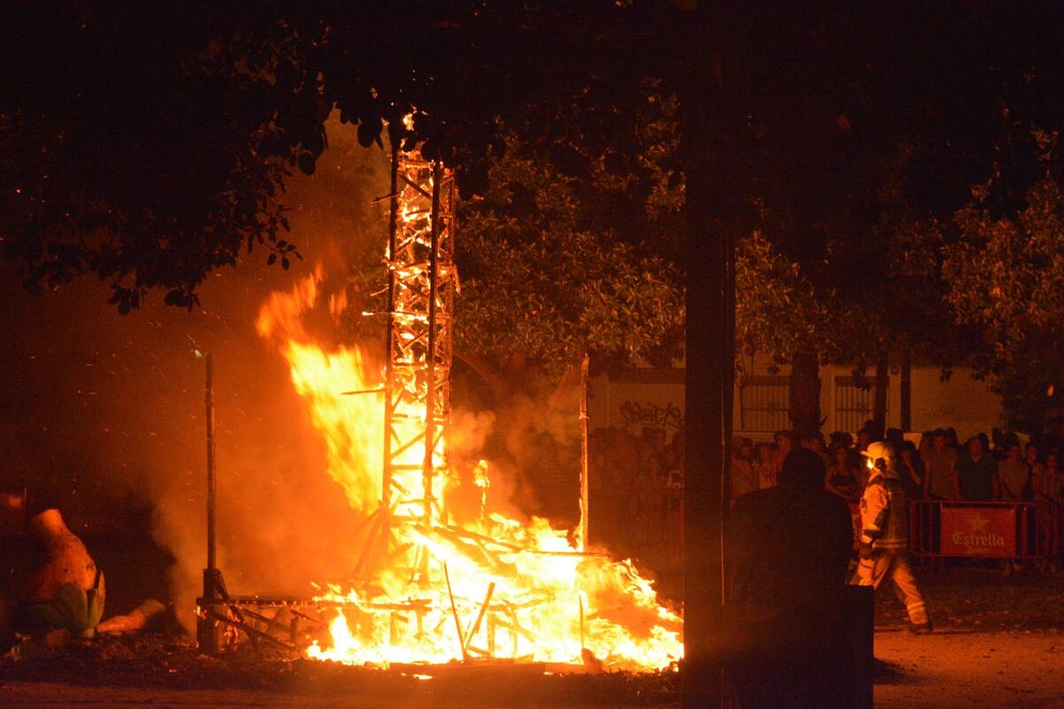 Fiery scene of the Bonfires of Saint John festival in Alicante capturing the intensity of the celebration