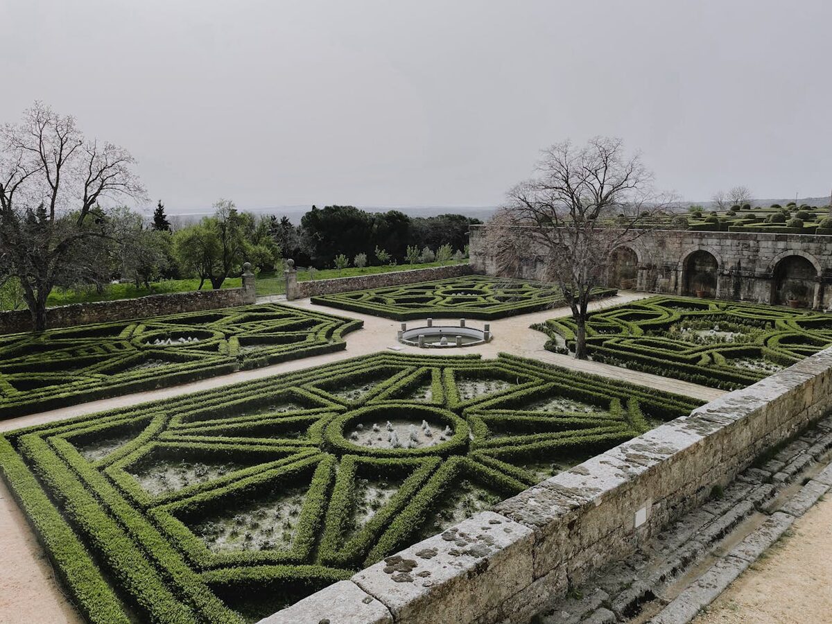 Precisely trimmed topiary hedges in a formal European garden