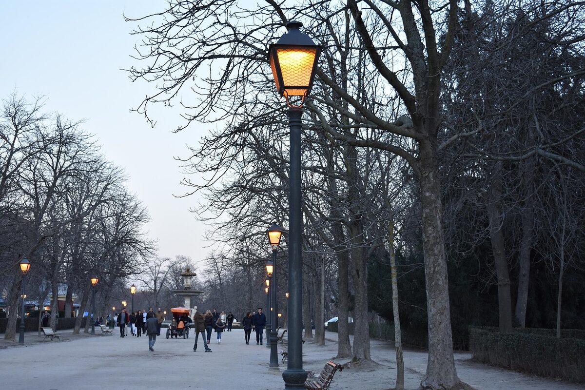 Tree-lined pathway with warm evening lights in Retiro Park Madrid