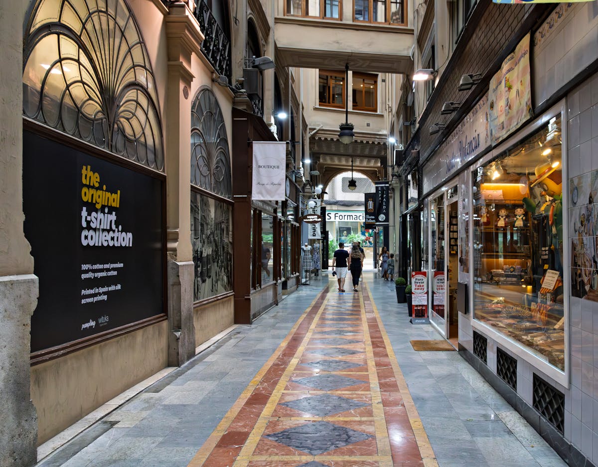 Beautiful shopping arcade with historic architecture in Valencia Spain