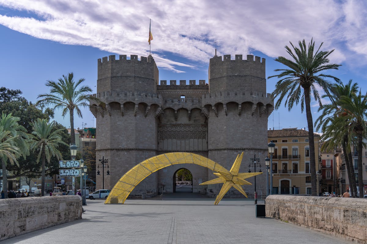 The iconic Torres de Serranos medieval gateway towers in Valencia Spain