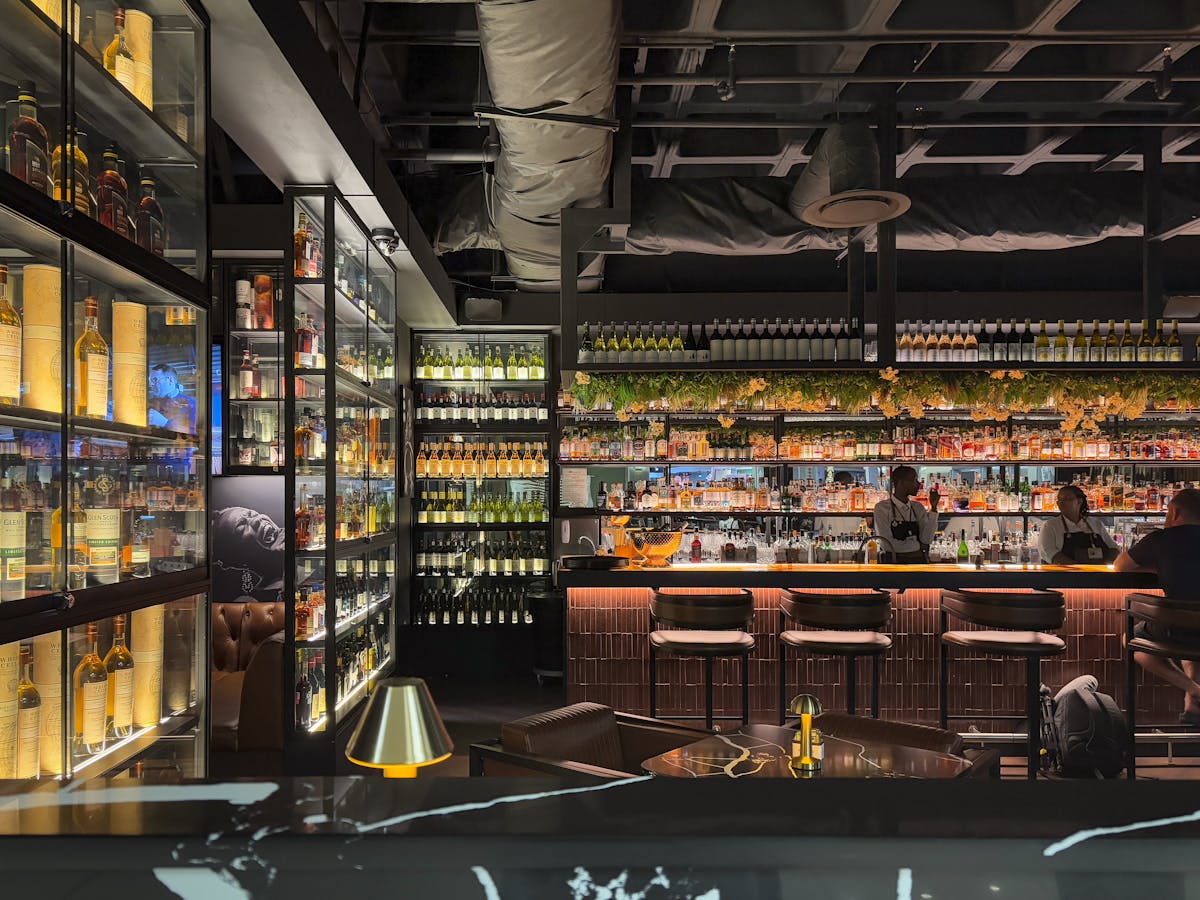 Modern bar interior with warm lighting and wide selection of spirits