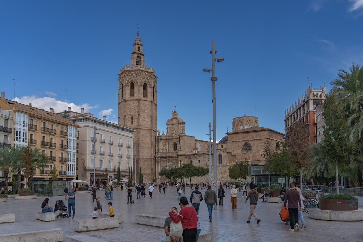 Valencia Cathedral and Plaza de la Virgen on a sunny day