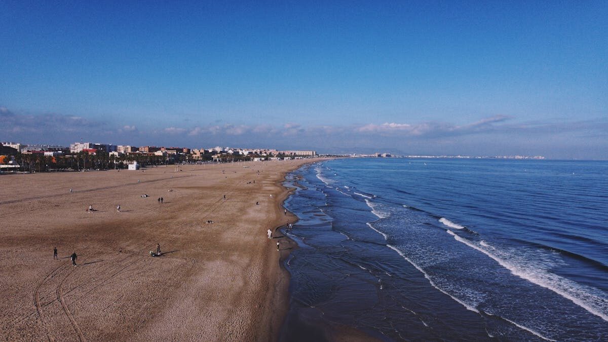 Aerial view of Valencia coastline with beach and city