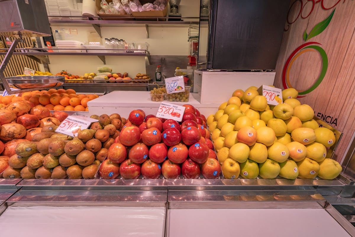Colorful variety of fresh fruits on display at a market in Valencia Spain