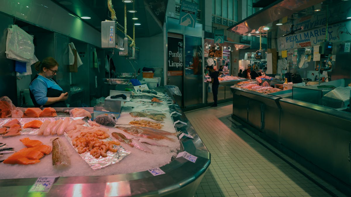 Fresh fish and shellfish on display at a seafood market in Valencia Spain