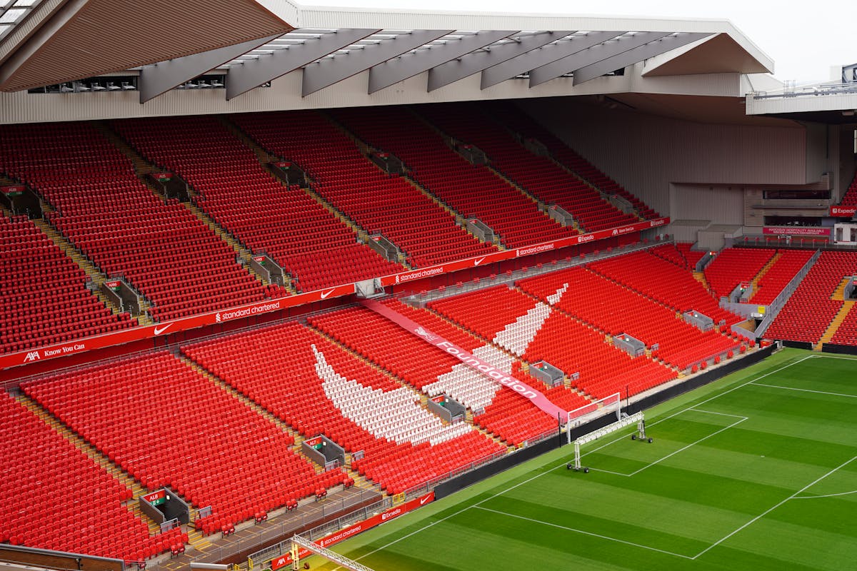 View of Anfield Stadium pitch and red seating from the stands