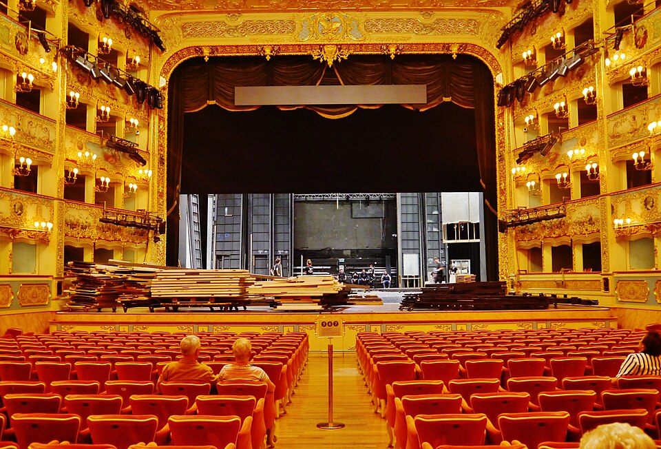 The La Fenice auditorium with its grand chandelier and ornate gilded decorations