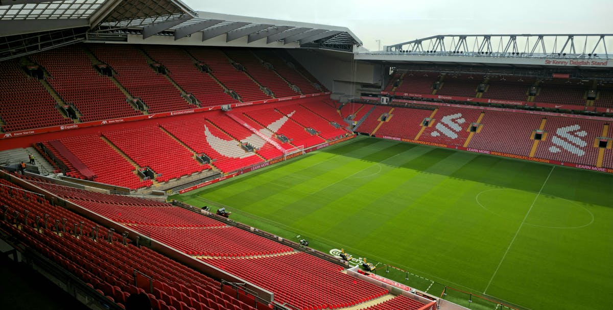 Panoramic view of Anfield Stadium showing the full pitch and surrounding stands