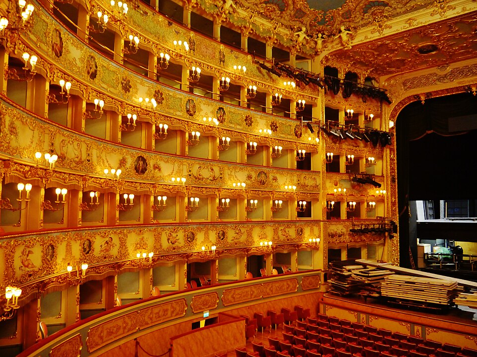 The elaborately painted ceiling of Teatro La Fenice opera house in Venice