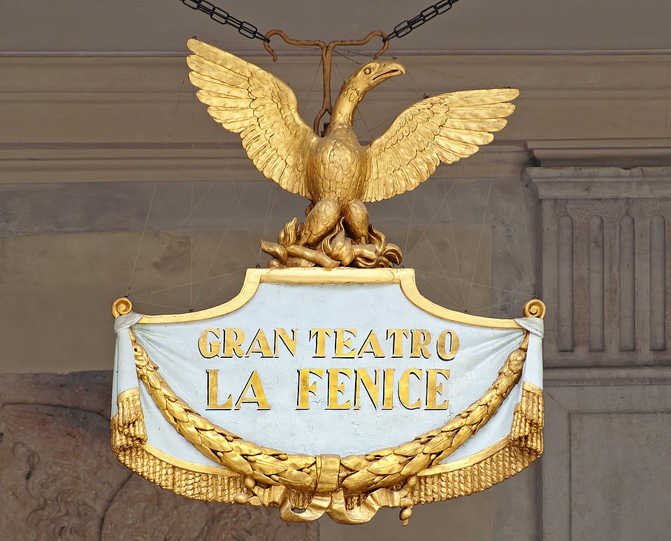 The phoenix emblem carved in stone at Teatro La Fenice Venice