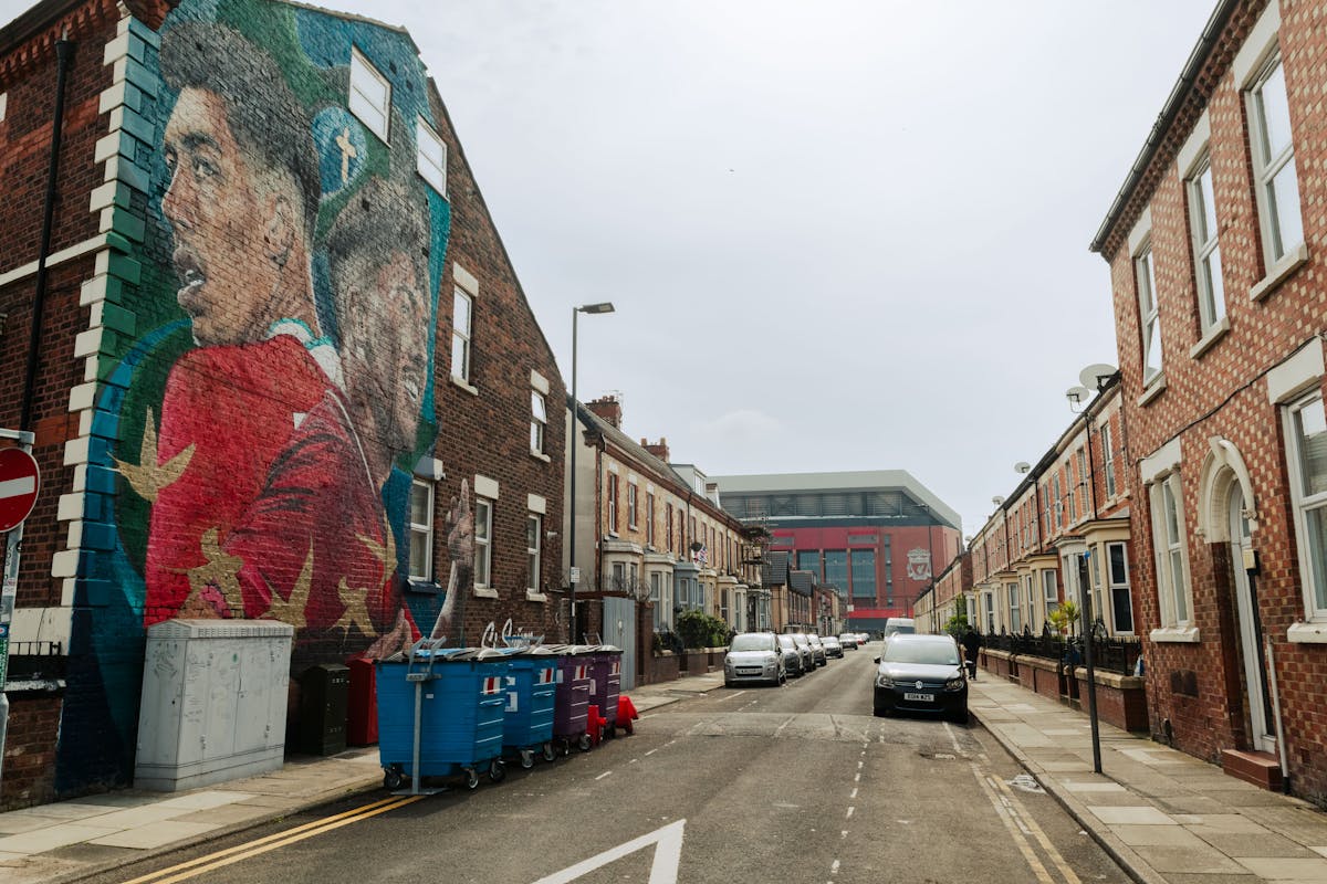 Street art mural near Anfield Stadium in the Liverpool neighborhood