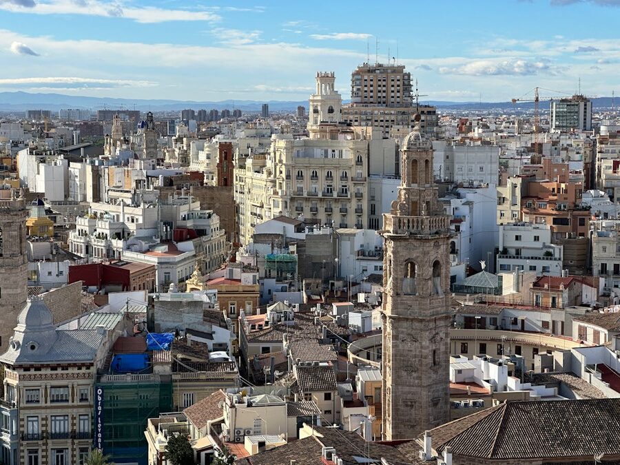 Aerial view of Valencia rooftops and church towers