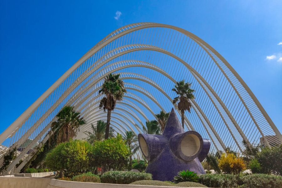 Gardens under metal arches of L Umbracle in Valencia City of Arts