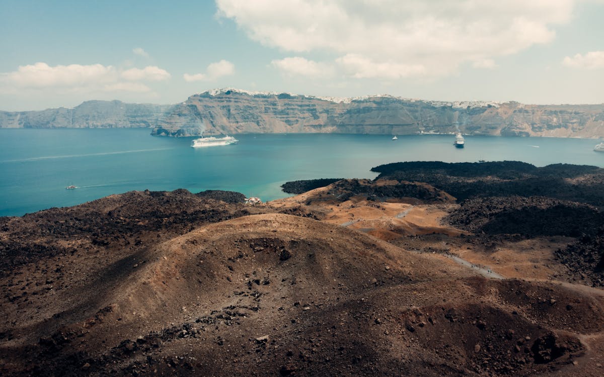 Aerial view of Santorini caldera with ships