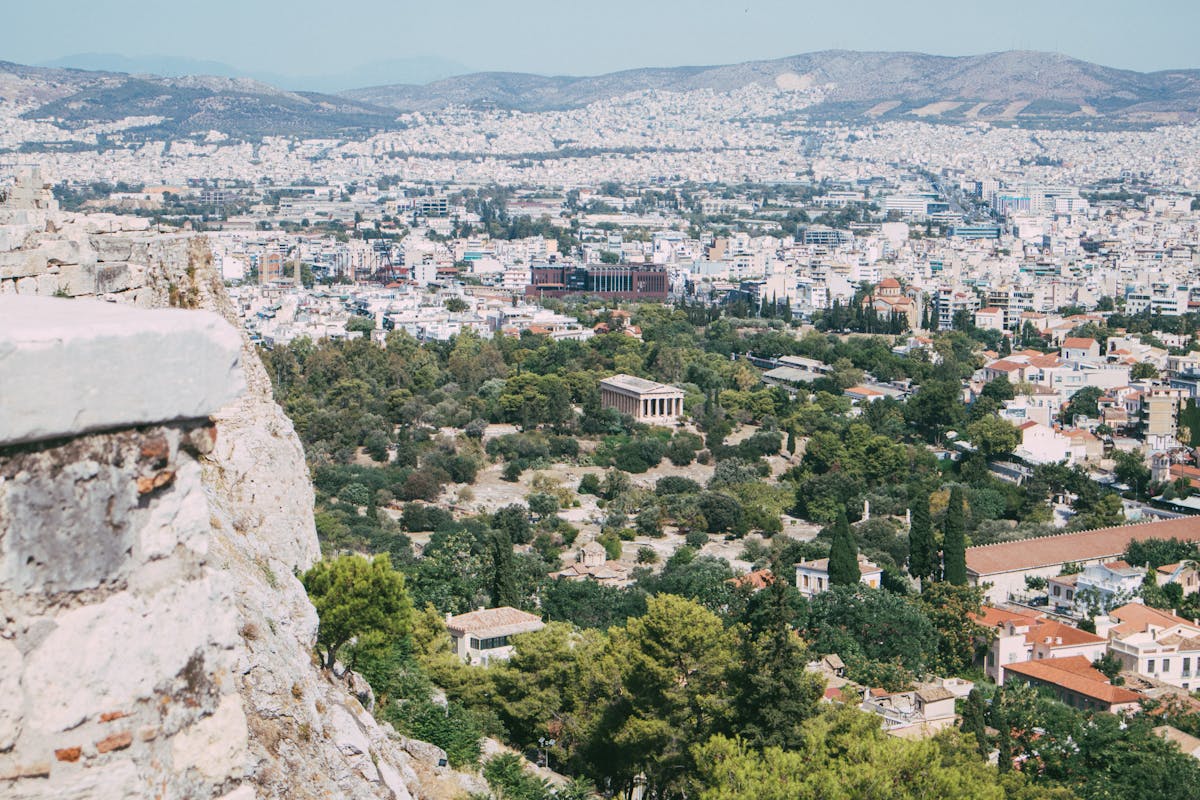 Aerial view of Athens showing the Ancient Agora and city buildings