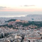 Aerial photograph of the Acropolis of Athens rising above the city