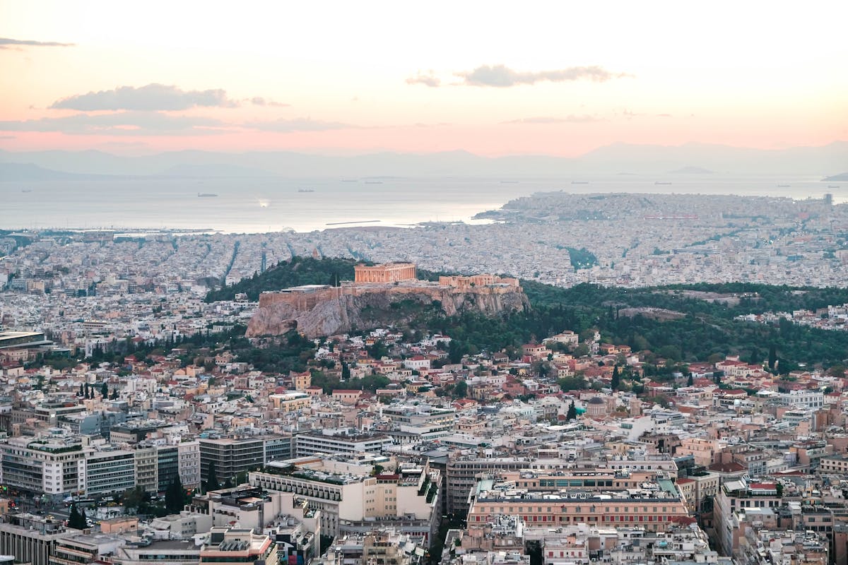 Aerial photograph of the Acropolis of Athens rising above the city