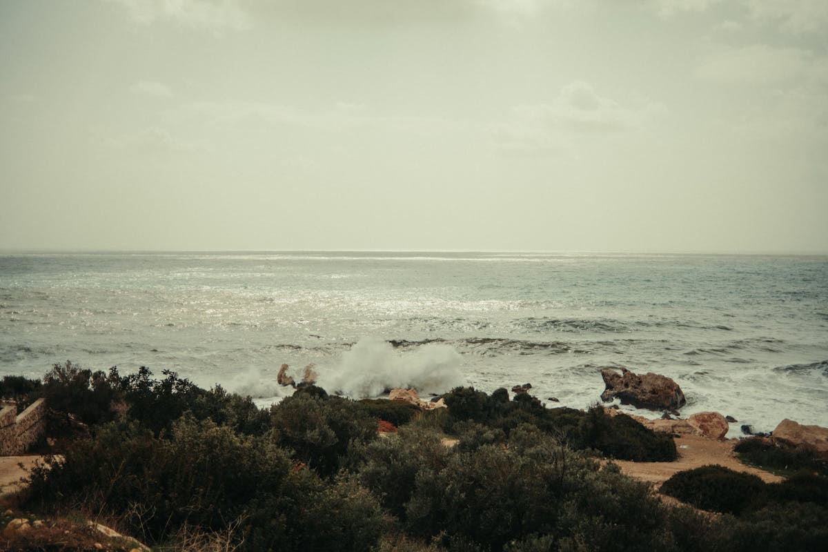 Tranquil coastal scene with waves crashing on a rocky shoreline