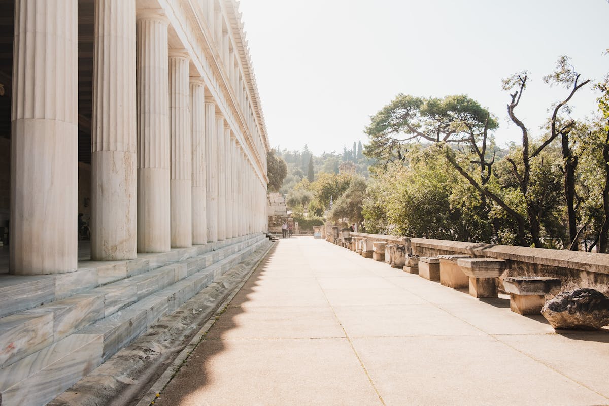 Classical columns of the Stoa of Attalos in the Athens Agora